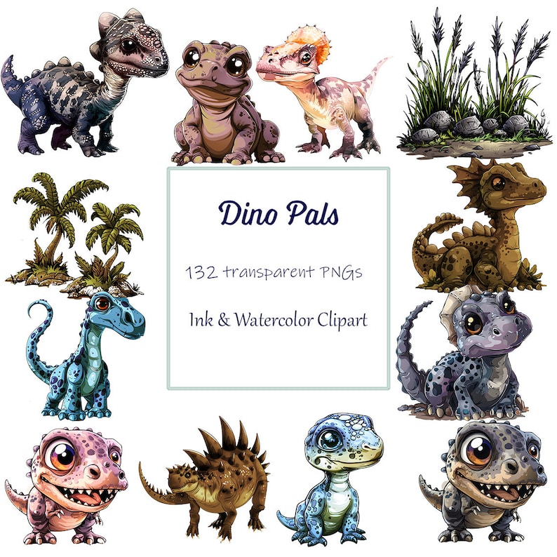 Watercolor Dinosaur Clipart Bundle, Cute Dino Pals for Birthday Party ...
