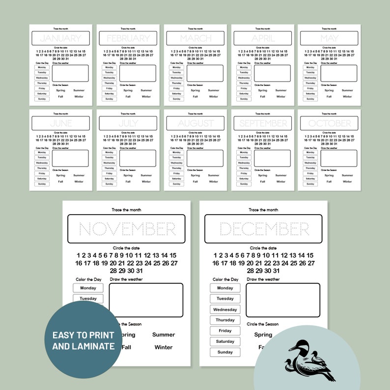 12 Printable Preschool Calendar Worksheet Pages Month, Day, Date ...