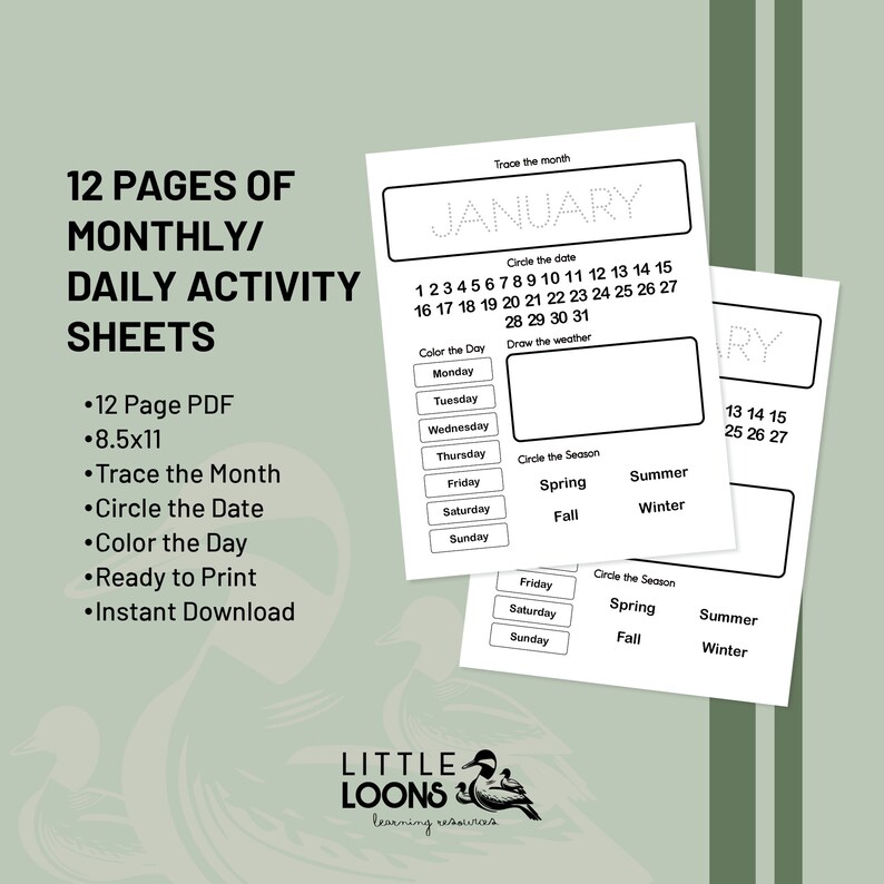 12 Printable Preschool Calendar Worksheet Pages Month, Day, Date ...