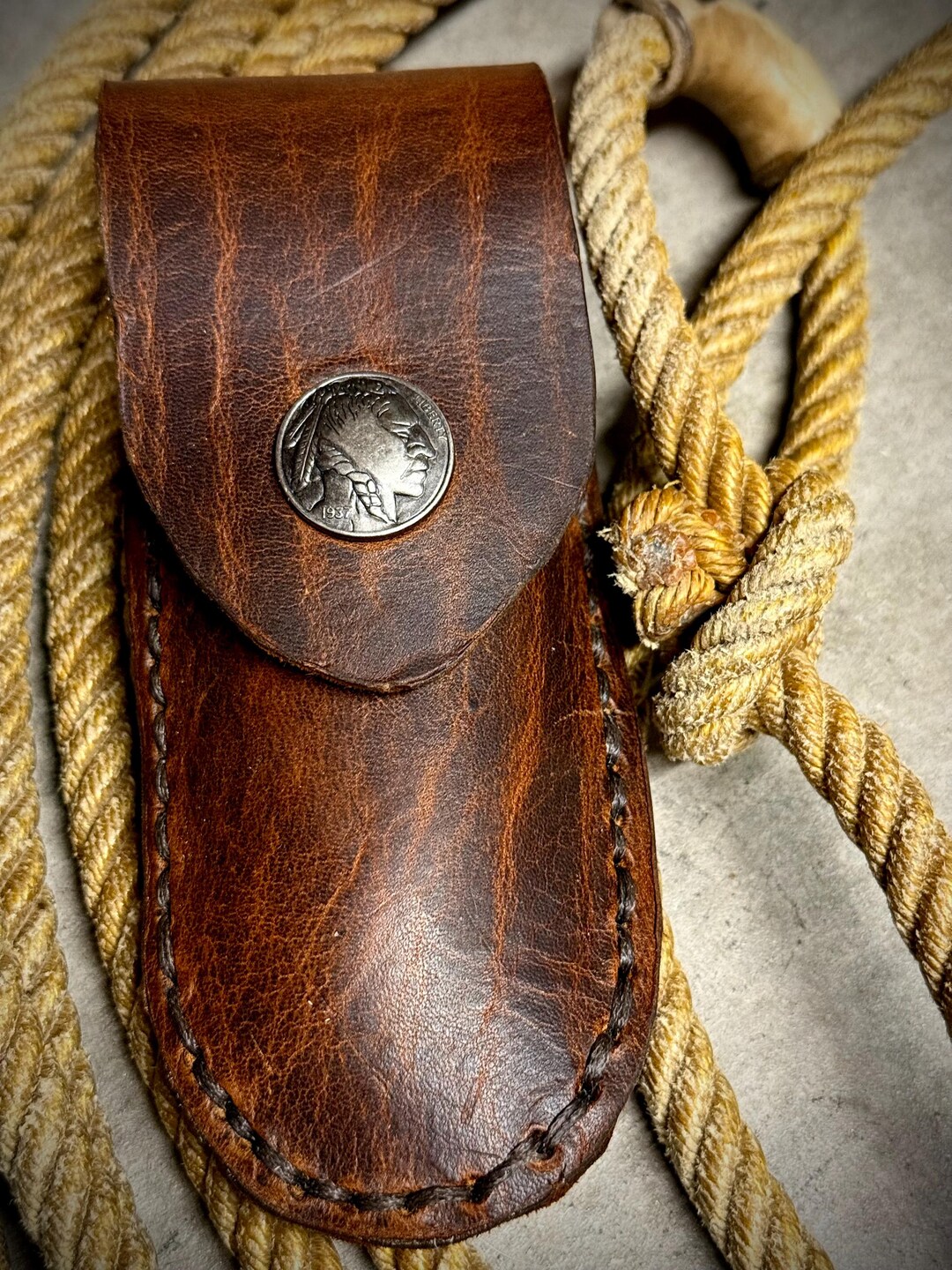 Leather Knife Sheath: Cowboy Style, Indian Head Snap, Buck 110 ...