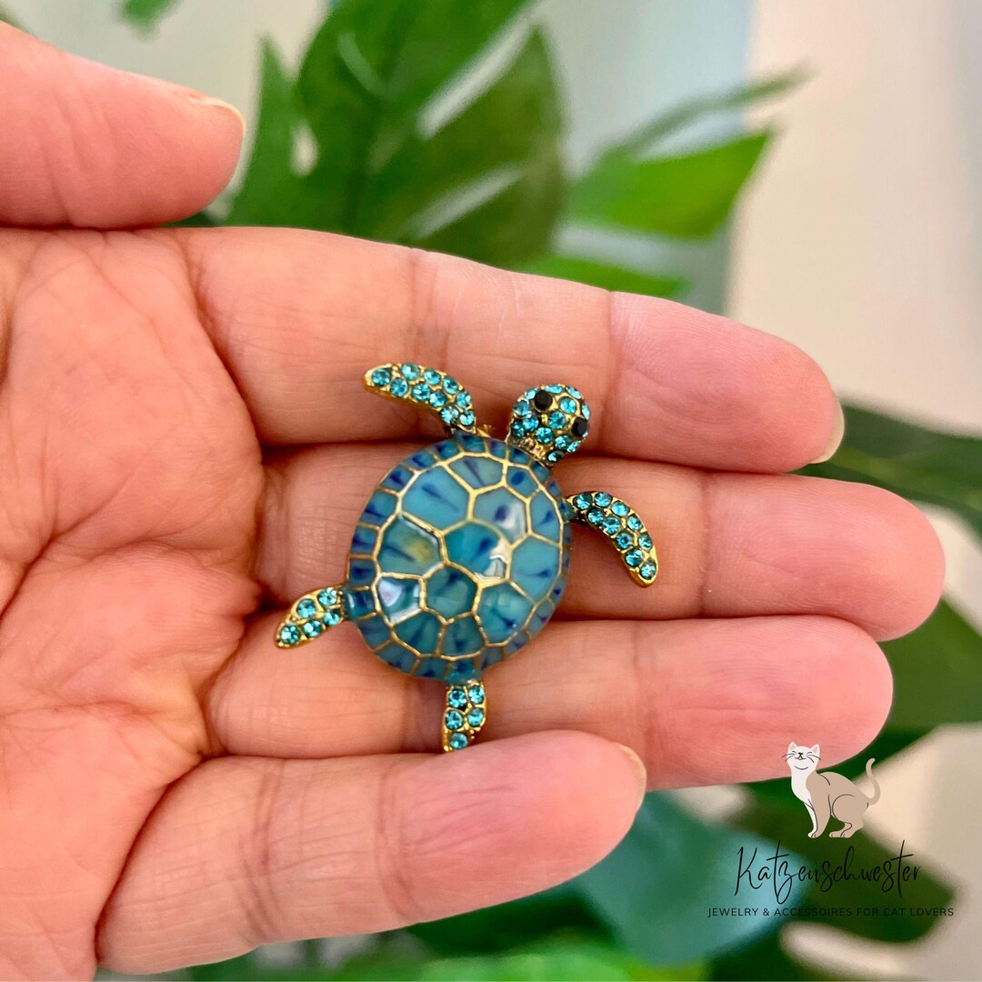 Radiant Turtle Brooch in Turquoise With Sparkling Rhinestones Vintage ...