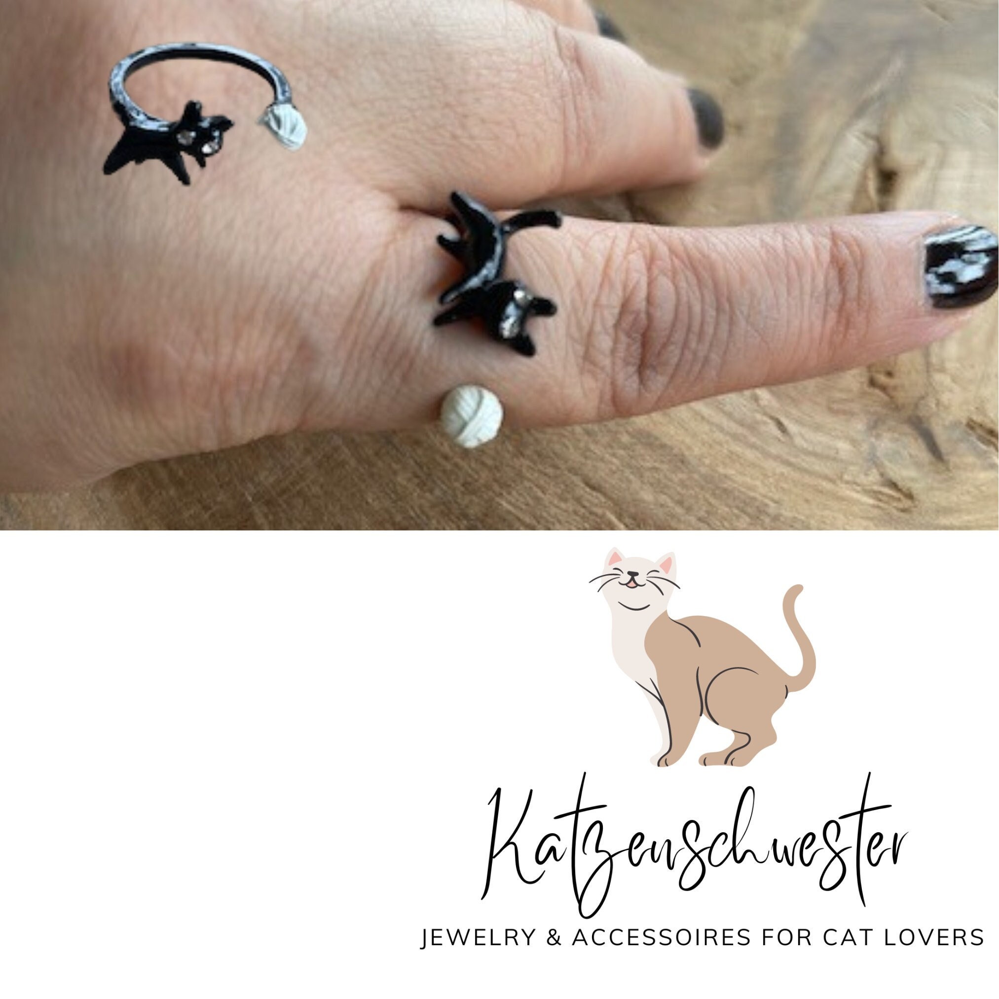 Ring Black Cat Lucky Charm Ball of Wool Unusual Fashionable Cat Lover ...