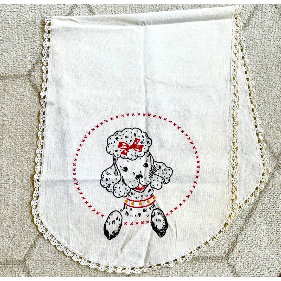 Vintage Hand-stitched Linen Table Runner 1950s Poodle Cottagecore Dog ...