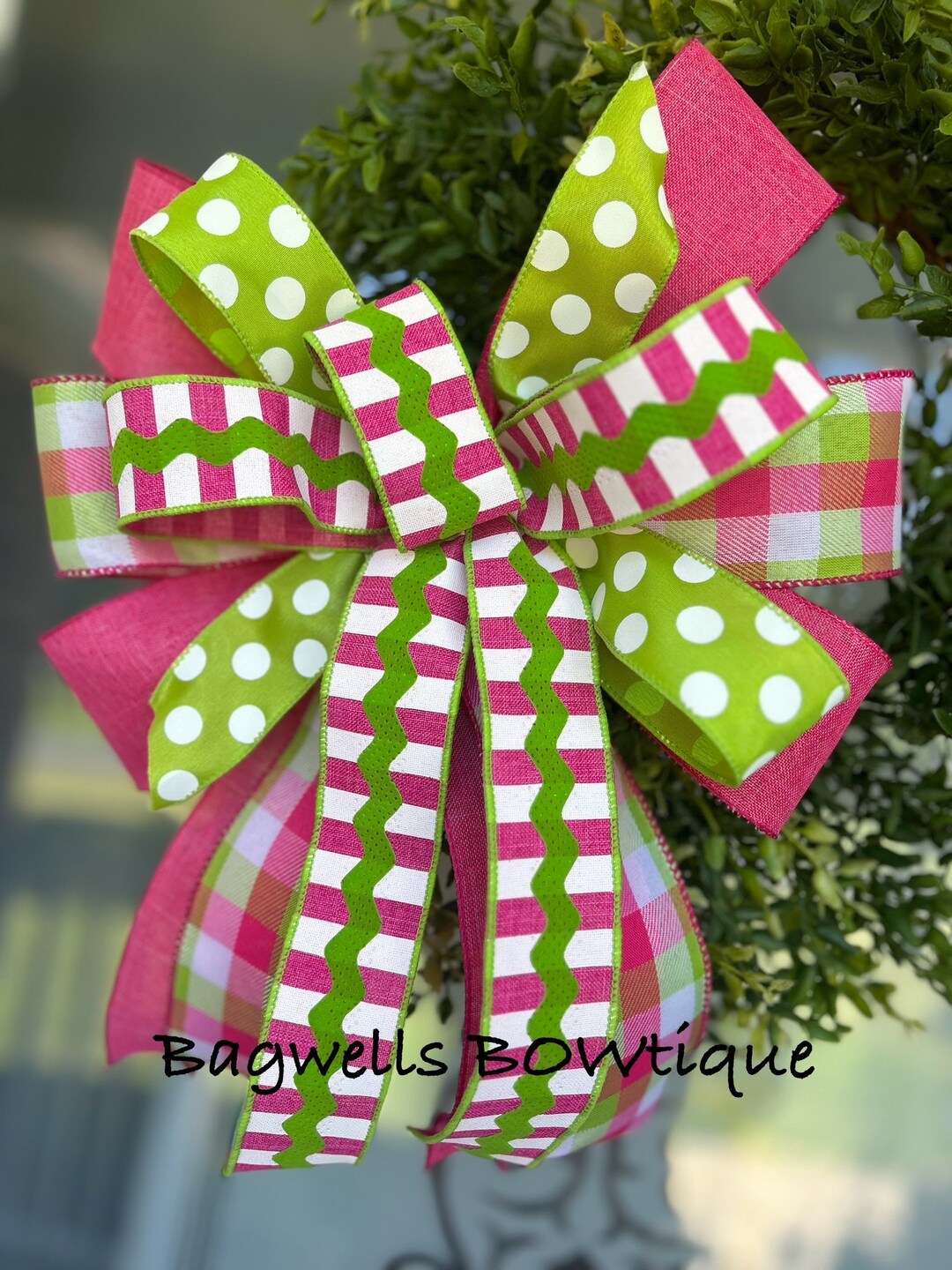 Spring Bow, Summer Bow, Wreath Bow, Pink, Green Polka Dot, Pink Plaid ...