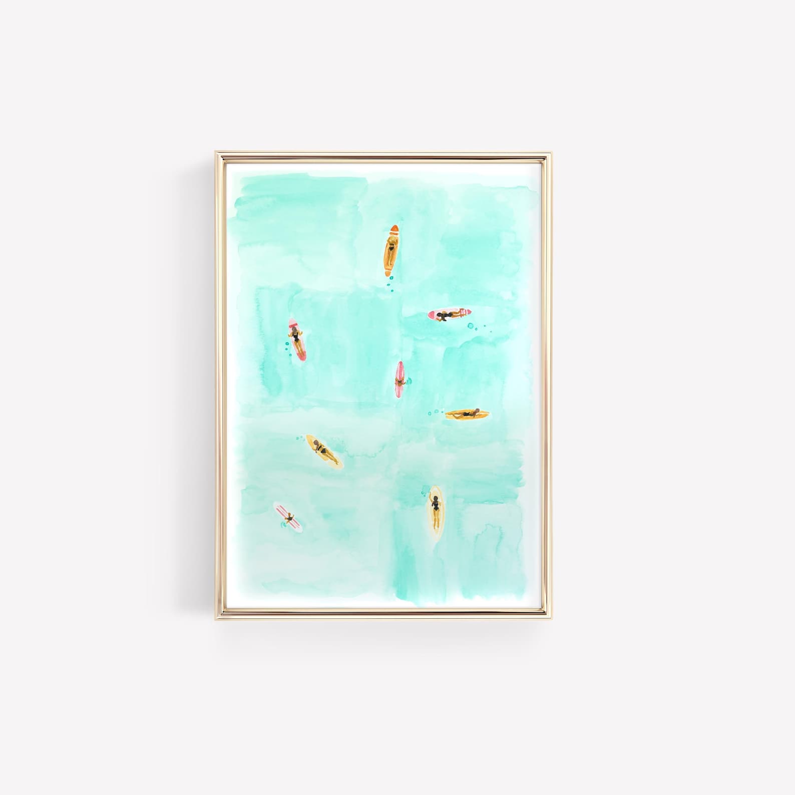 Aerial Ocean View Surfers Hand-made Watercolor Print Trendy Turquoise ...