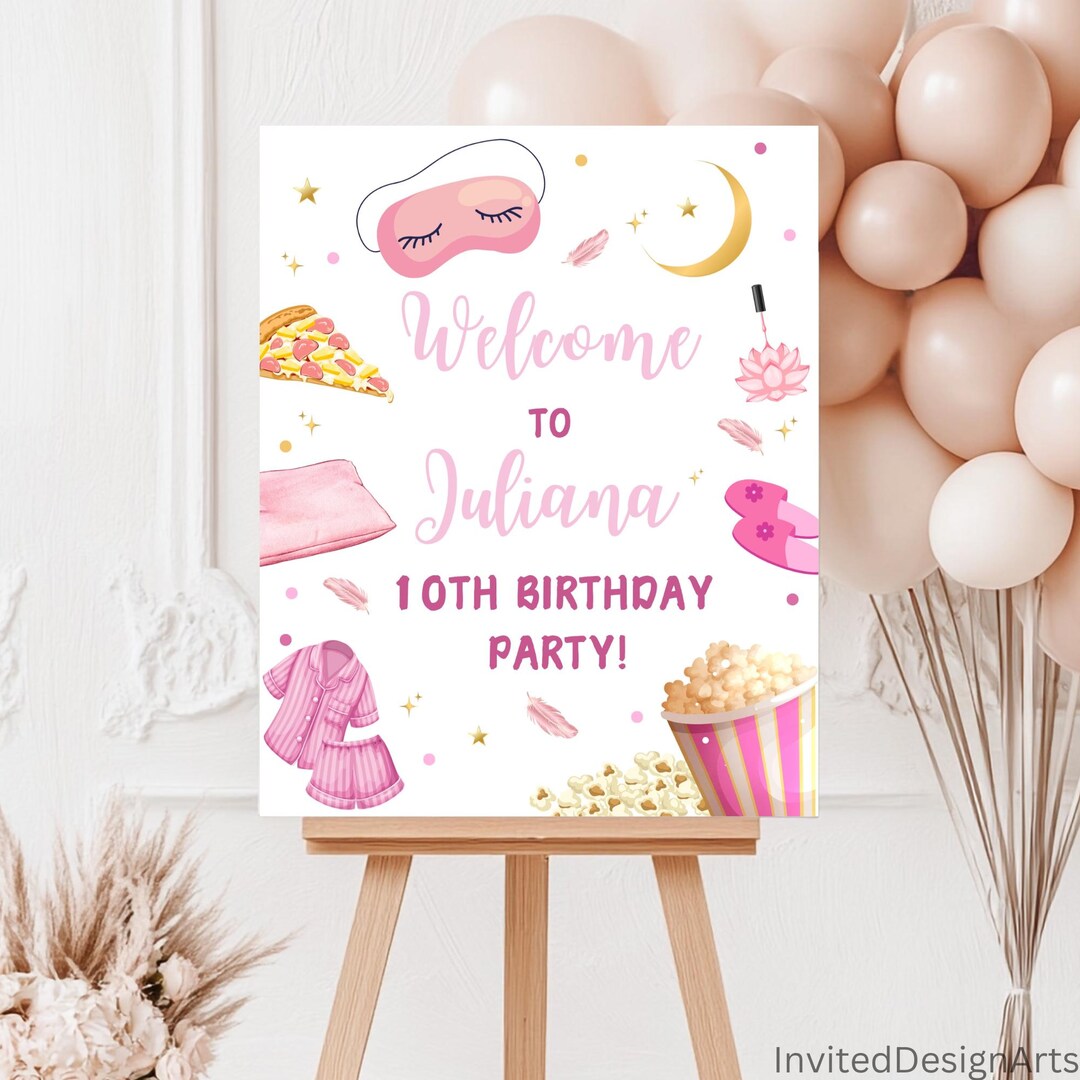 Editable Sleepover Birthday Welcome Sign Slumber Party Poster Pajamas ...