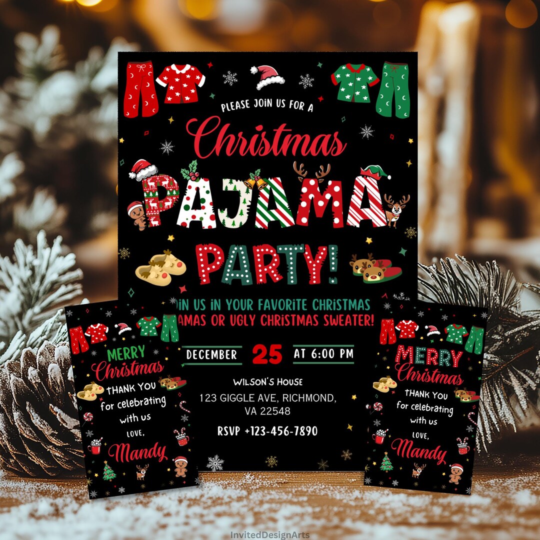 Christmas Pj Party Invite Christmas Pajama Party Invite Xmas Card ...