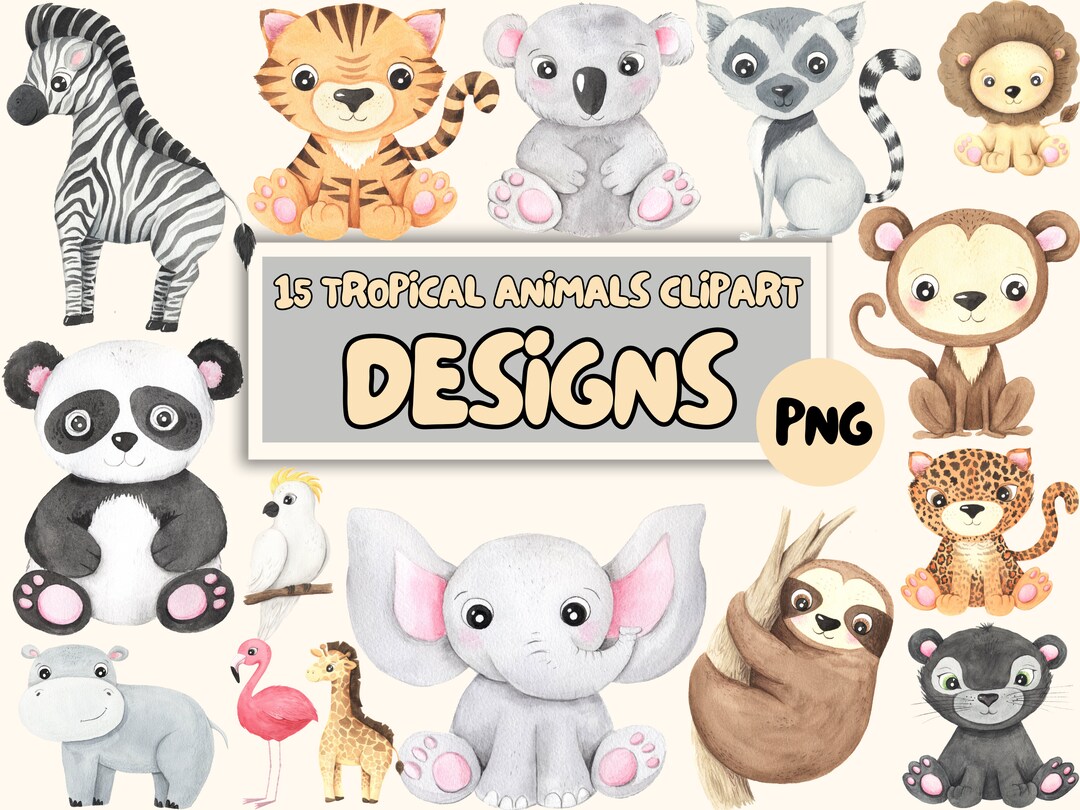 Tropical Animals Clipart, Watercolor Animals Png, Tiger, Elephant ...