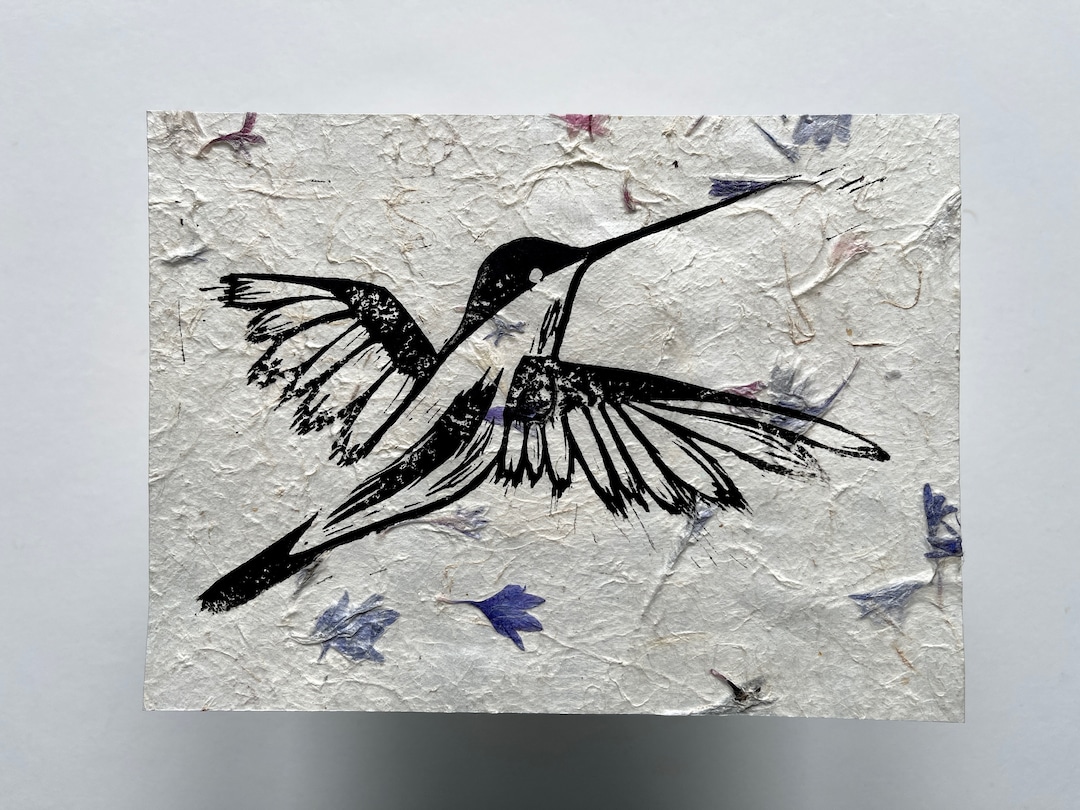 Hummingbird Linocut on Pressed Flower Paper - Etsy