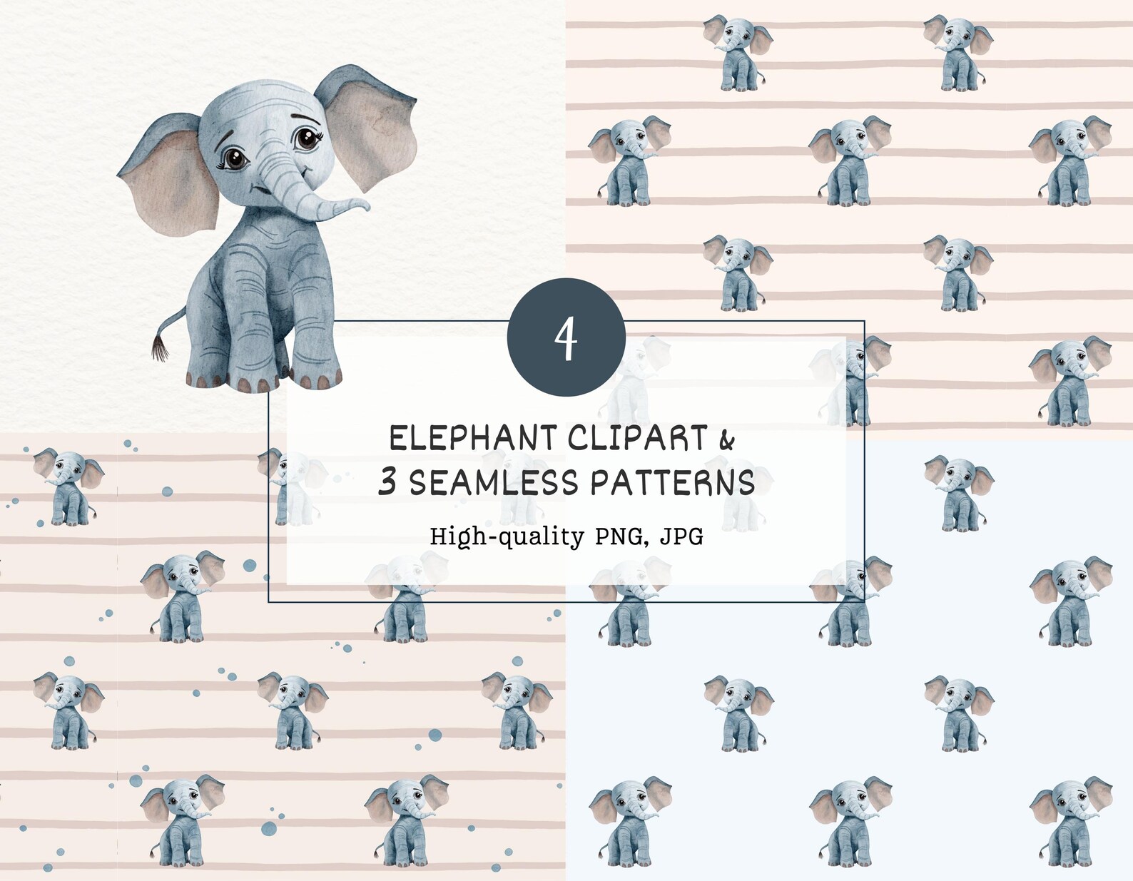 Watercolor Elephant Clipart and Seamless Patterns Baby Elephant ...