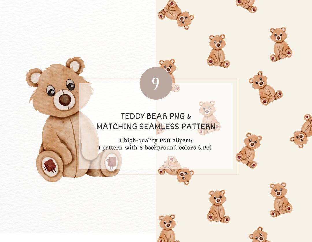 Watercolor Teddy Bear Clipart and Seamless Pattern Baby Animal Children ...