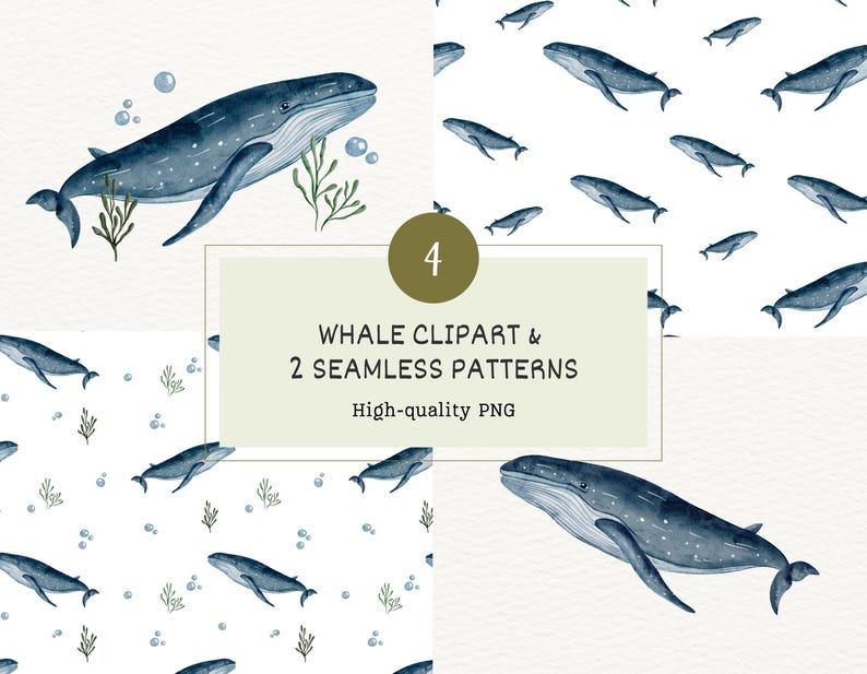 Watercolor Whale Clipart and Seamless Patterns Sea Life Whale Children ...
