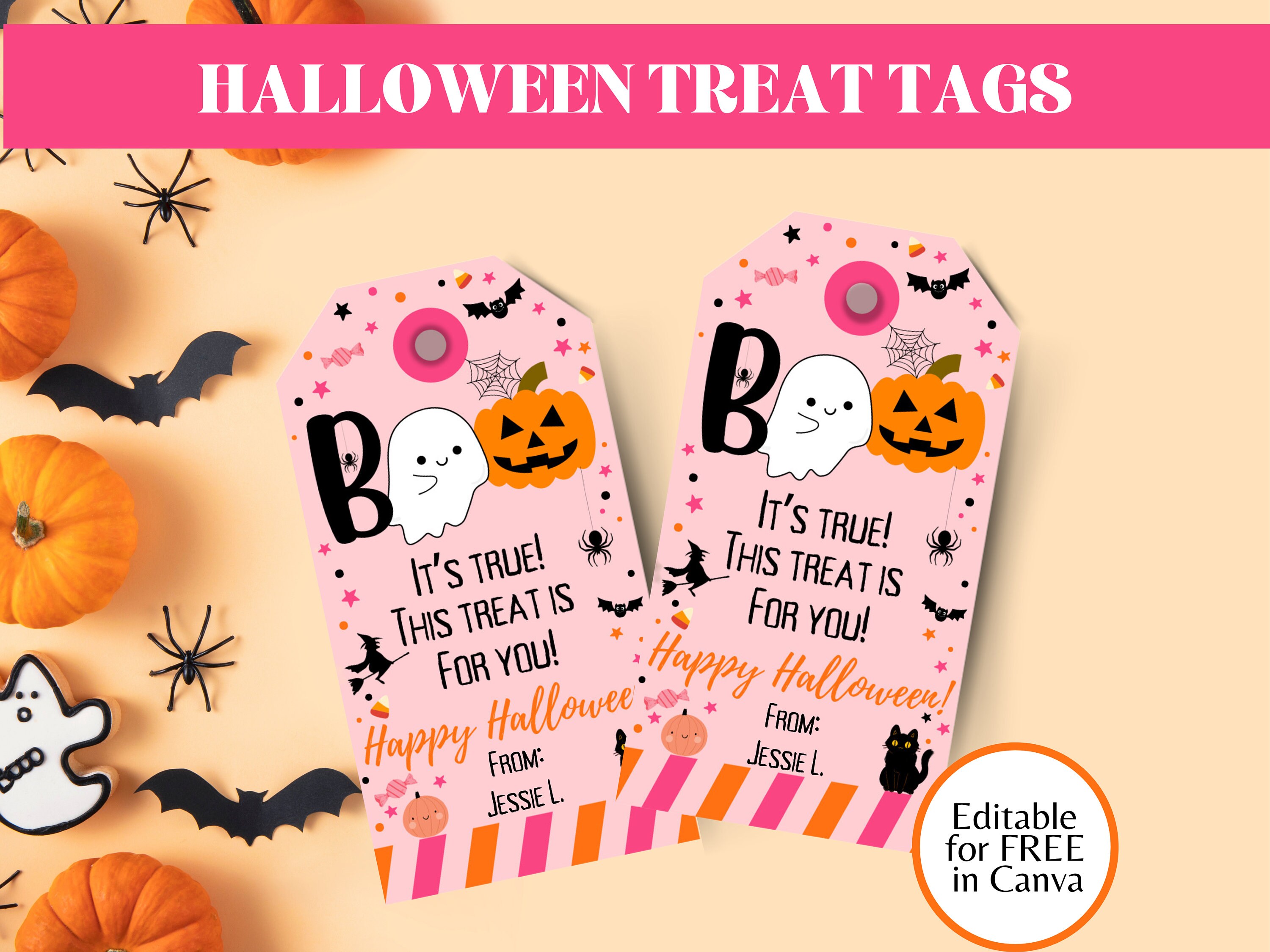 Editable Halloween Gift Tags Halloween Class Gift, Spooky Pink Ghost ...