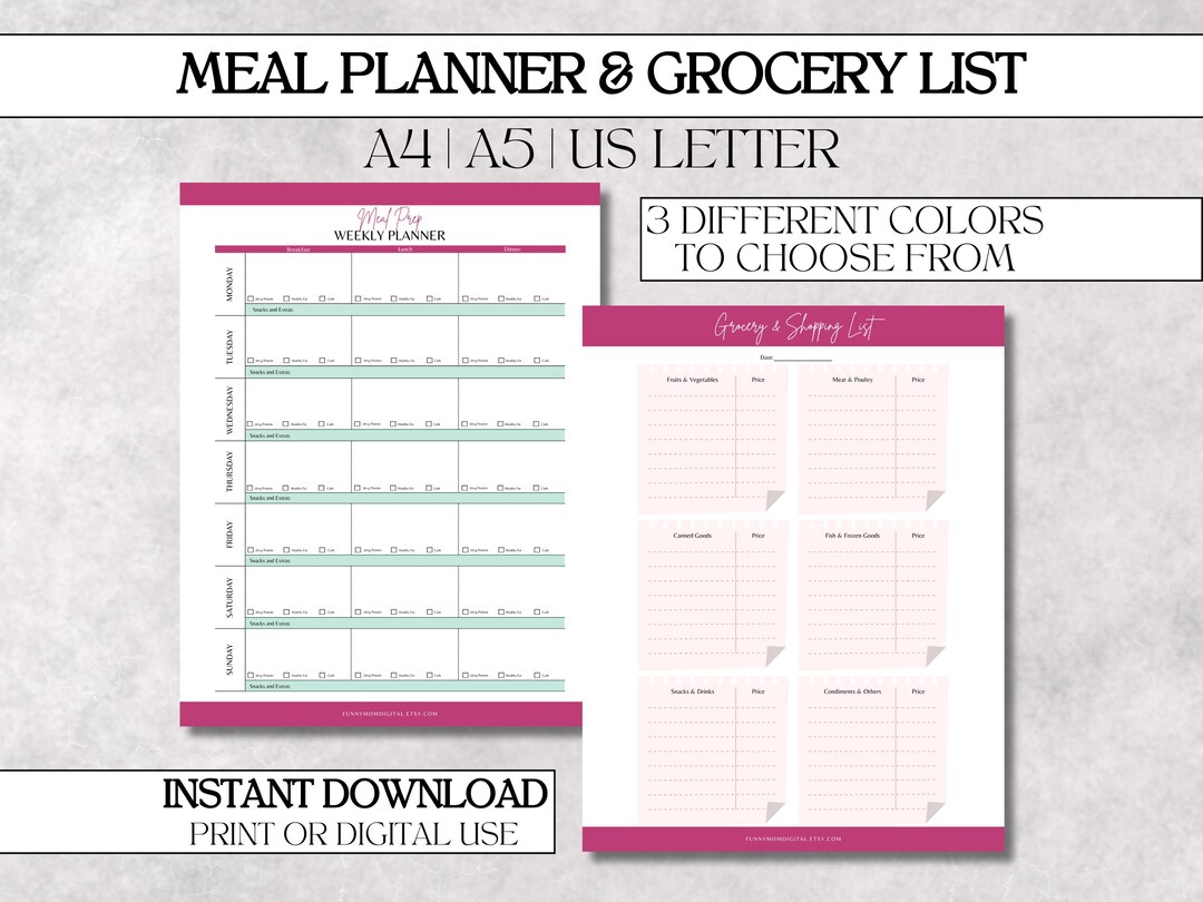 Printable Weekly Meal Planner and Grocery List Menu Planner, Meal Prep ...