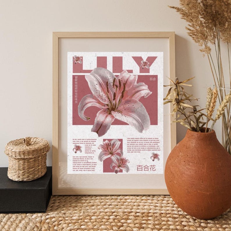 Pink Lily Botanical Poster Matte Vertical Poster | Floral Wall Art ...