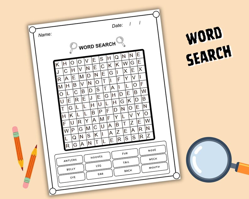 Deer Body Parts Labeling and Coloring Worksheets, Word Search Game ...