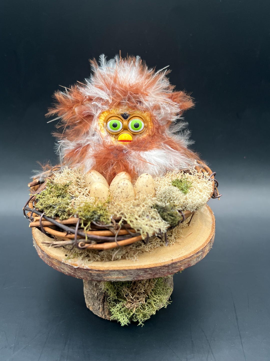 Tiny Feathered Furby Bird Nest With Eggs on a Wood Stand - Etsy