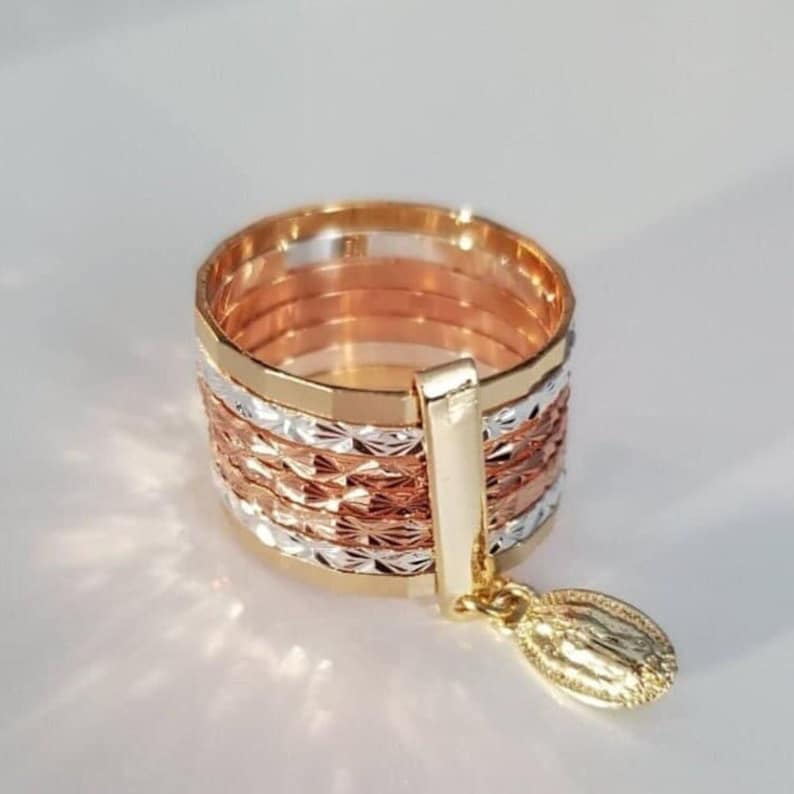 Tri-color Gold Plated Lady of Guadalupe Semanario Ring Virgen Anillo ...