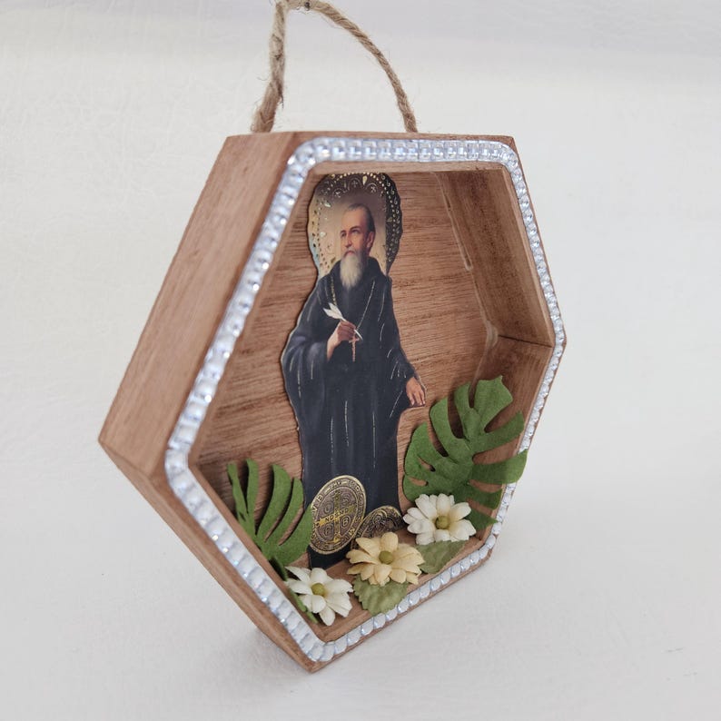 Saint Benedict Wooden Shadow Box Catholic Wall Decor Alter With Flowers ...