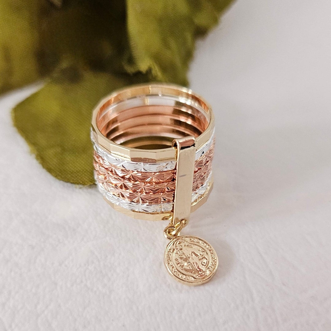 Tri-color Gold Plated Saint Benedict 7 Band Semanario Ring San Benito ...
