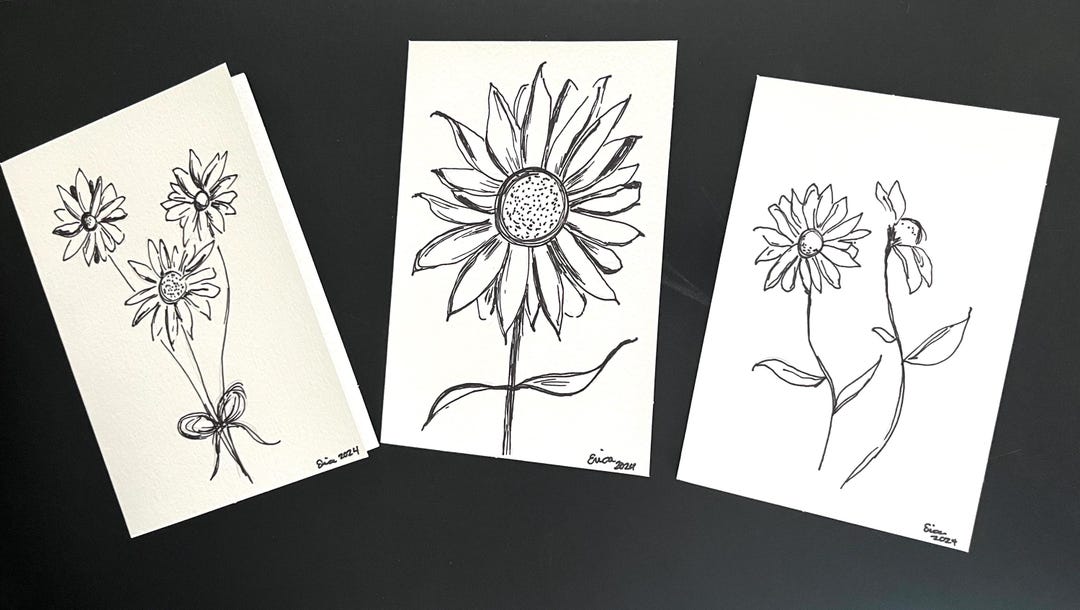 Hand Drawn Pen and Ink Flower Notecards, Sunflower/daisy Cards, Blank ...
