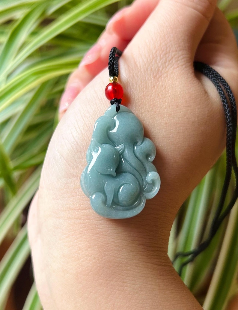 Natural Jadeite Jade Cute Nine Tail Fox Pendant Handwowen Necklace ...