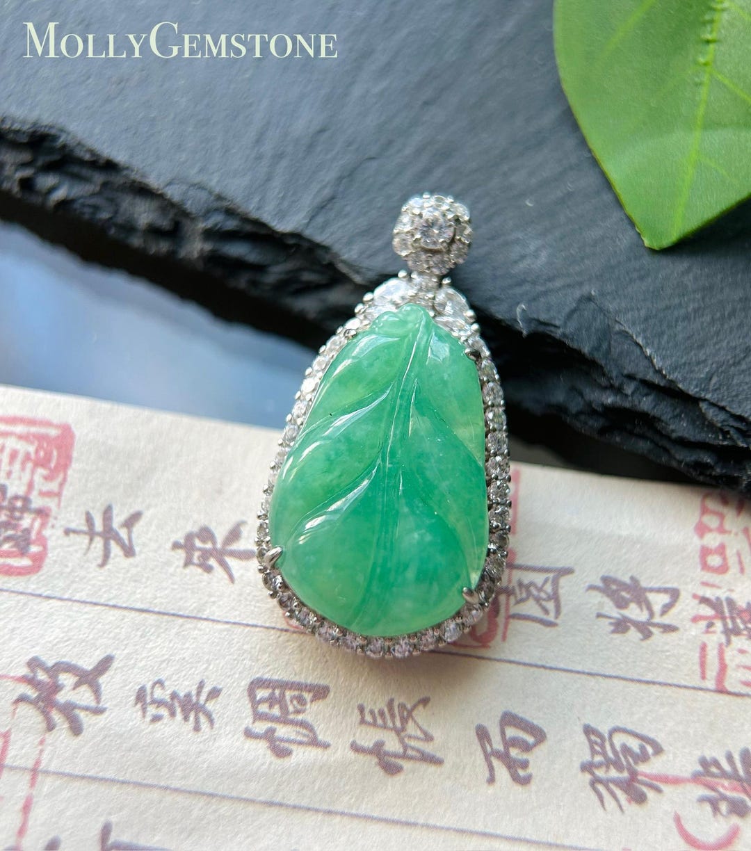 Natural Jadeite Leaf & Sterling Silver Pendant Burmese Untreated Type A ...
