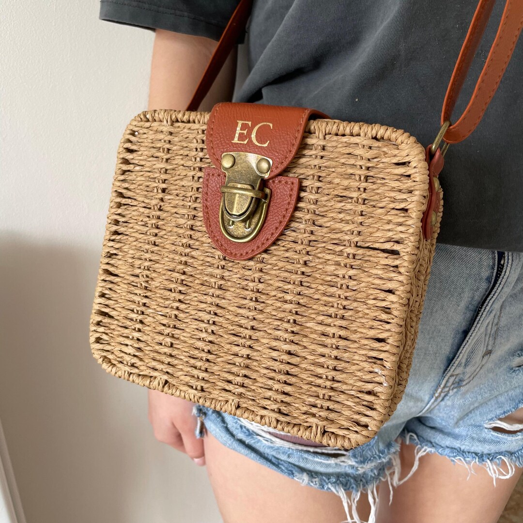 Personalised Square Straw Rattan Wicker Tan Brown Cross Body Bag ...