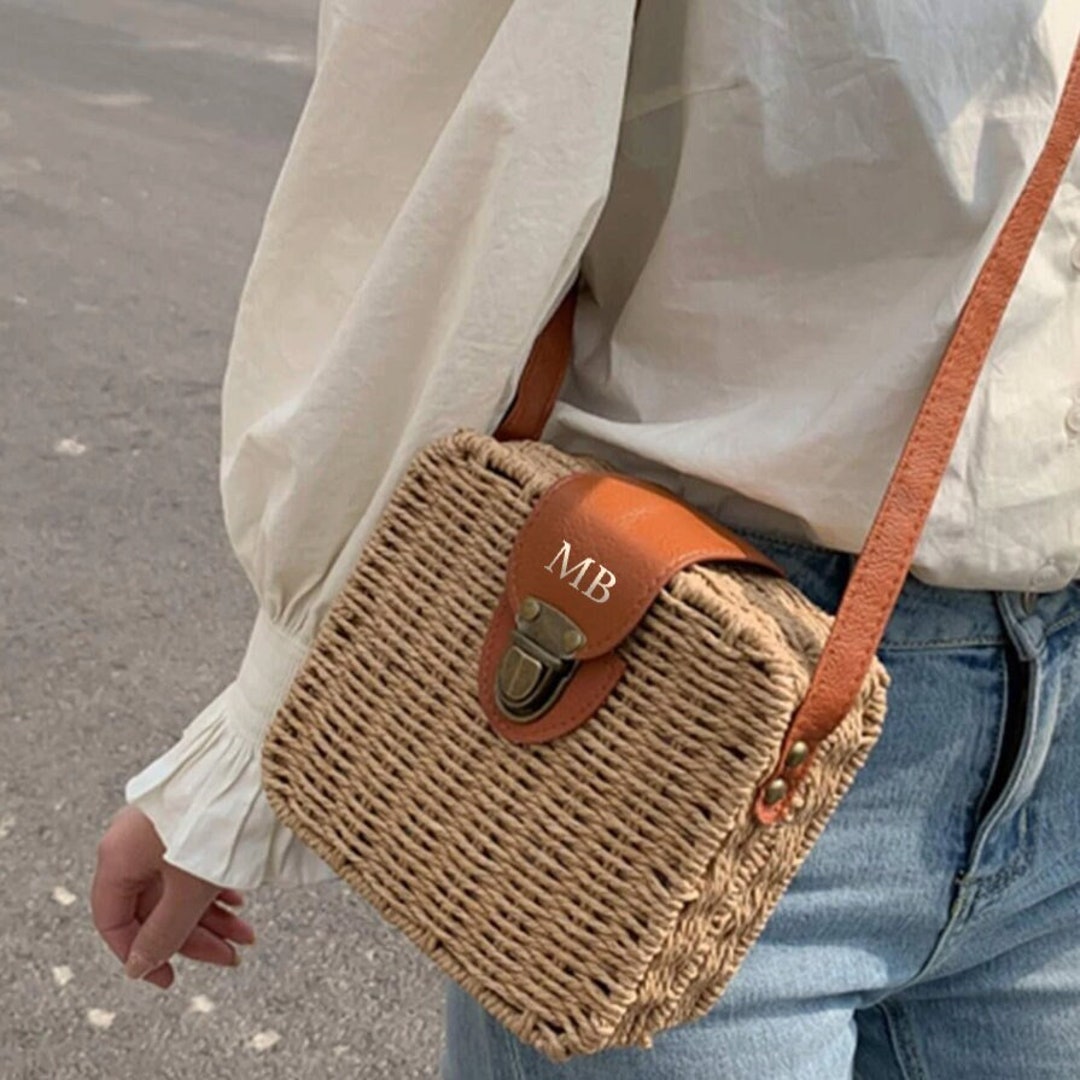 Personalised Square Straw Rattan Wicker Tan Brown Cross Body Bag ...