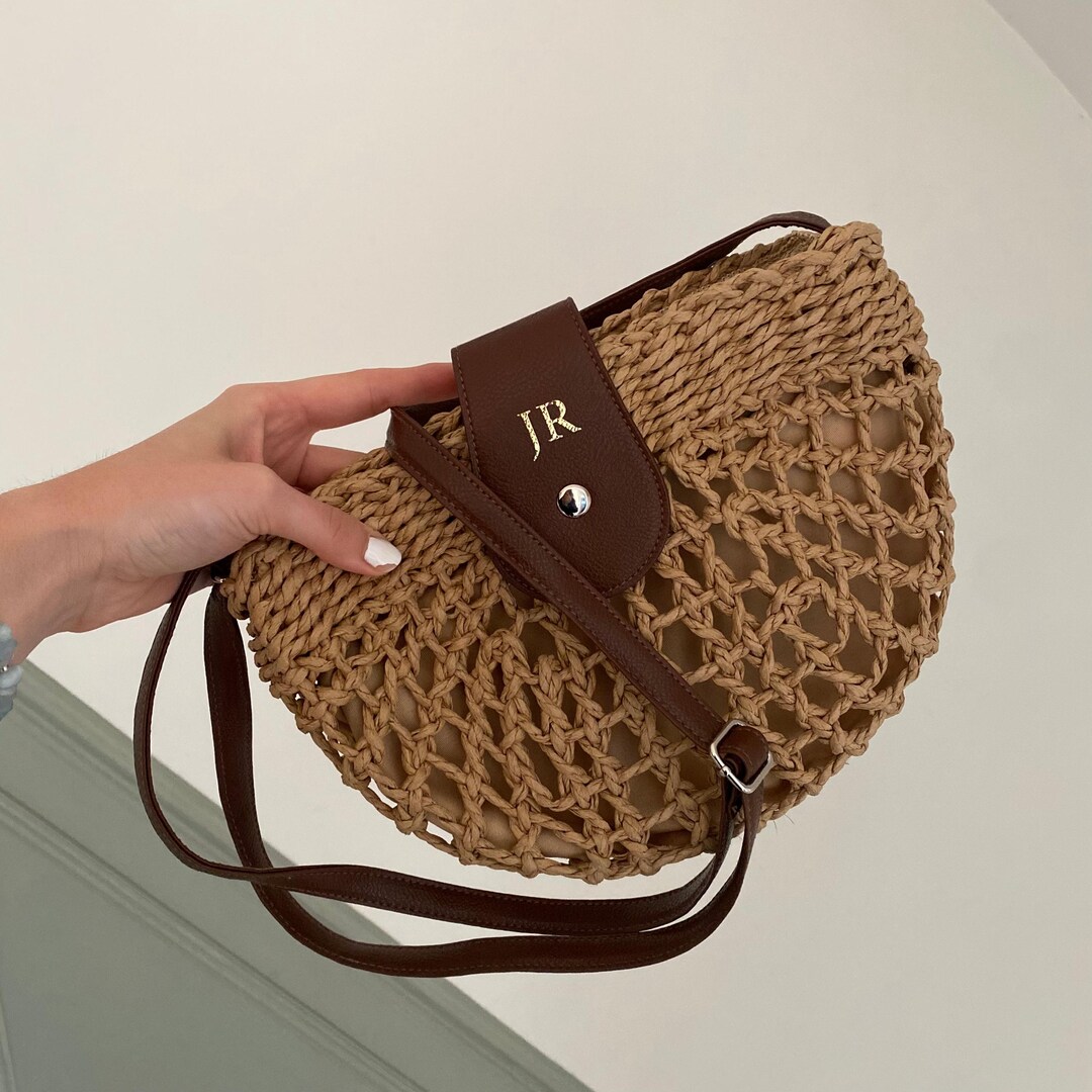 Personalised Semi Circle Straw Rattan Wicker Cross Body Bag Monogram ...