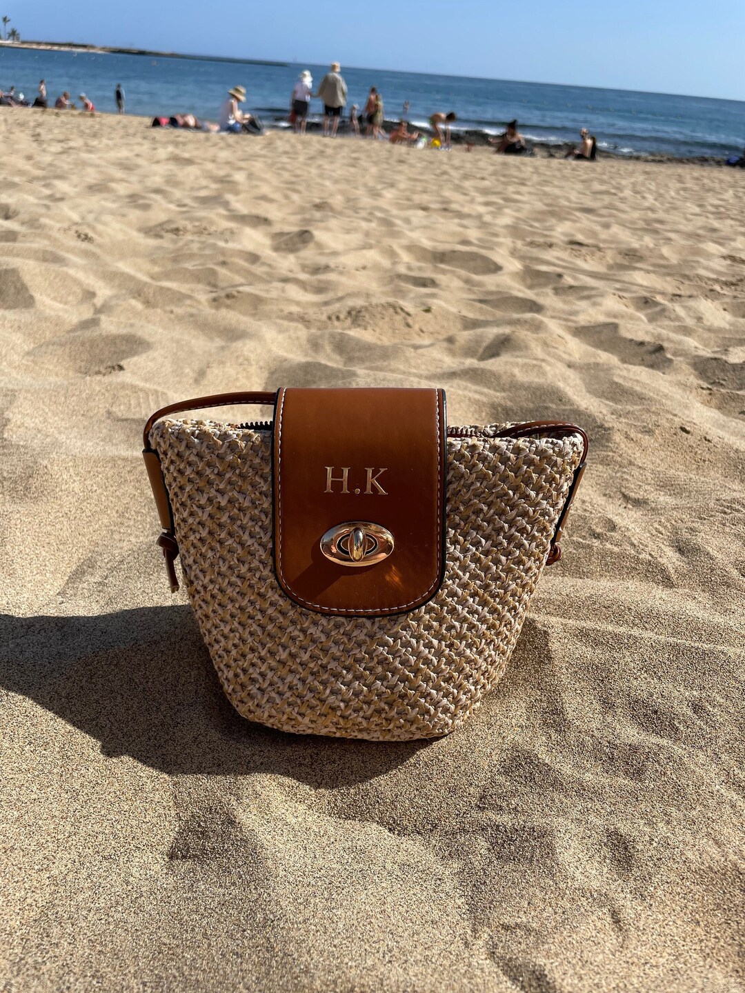 Personalised Straw Brown Flap Twist Lock Cross Body Bag Monogram ...