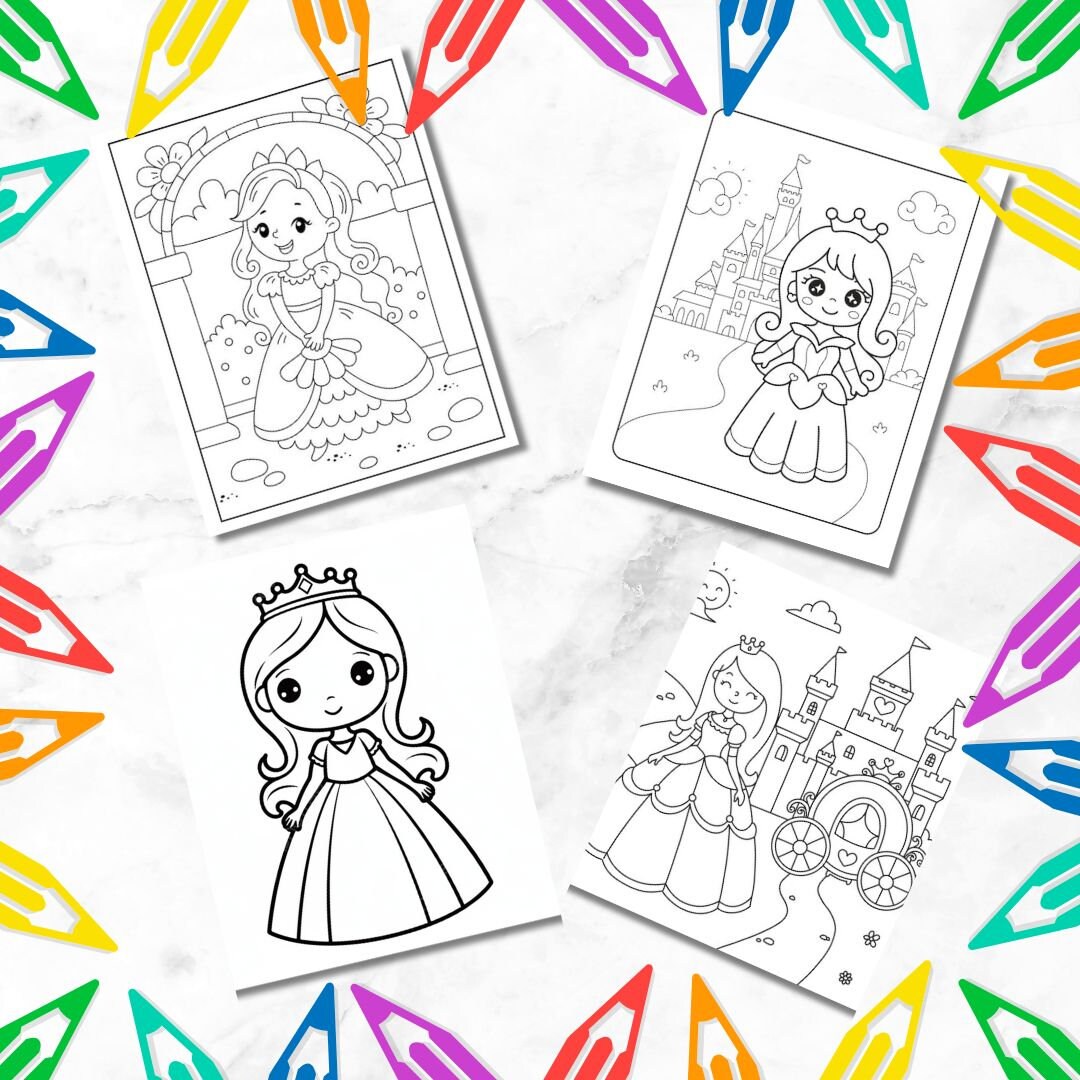 Princess Coloring Pages and Crayons, Princess Birthday Party, Princess ...