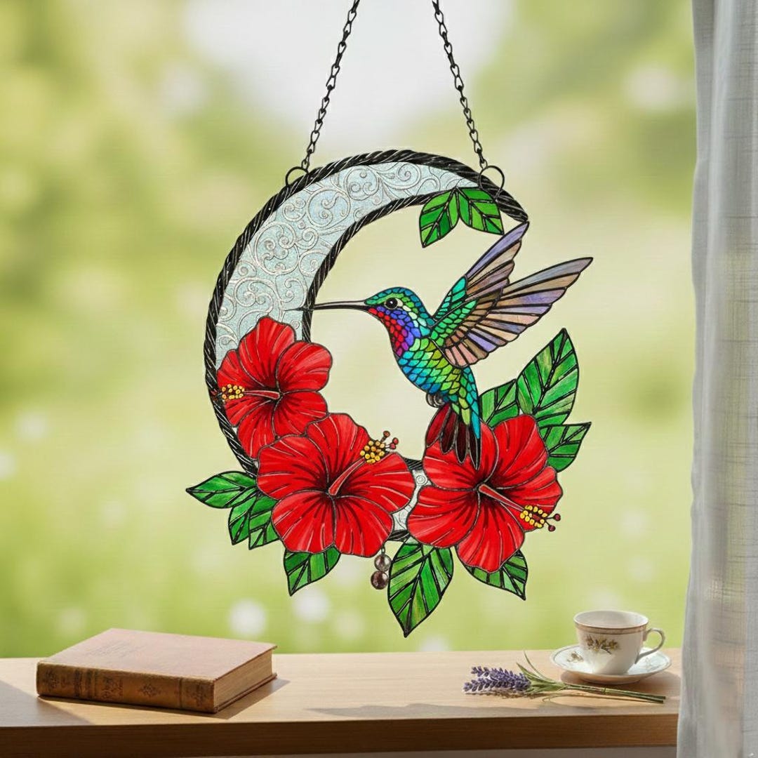 Hummingbird Moon Acrylic Suncatcher, Floral Hummingbird Window Hanging ...