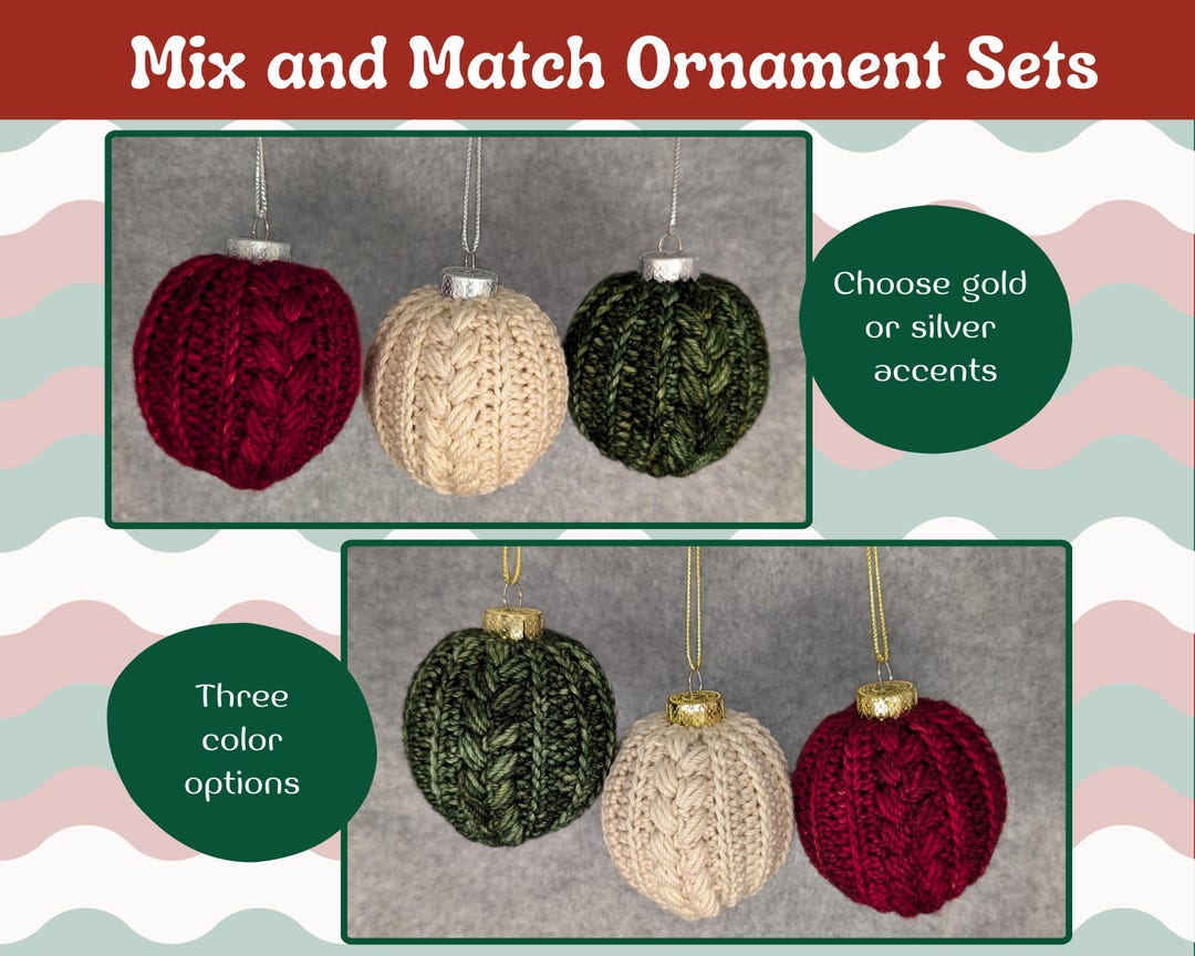 Mix and Match Set of Three Bauble Wool Ornaments With Gold or Silver ...