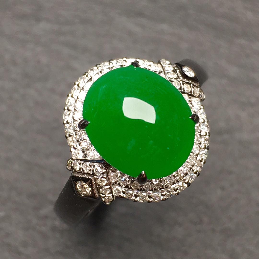 Natural Imperial Jadeite Cabochon Ring, 18k White Gold Jade Stone ...