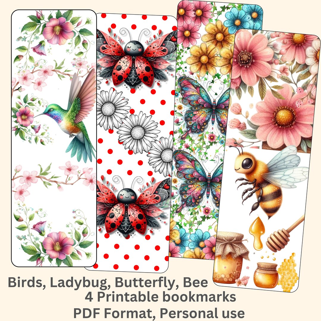 Floral Spring Bookmarks Set: Hummingbird, Ladybug, Bee (digital ...