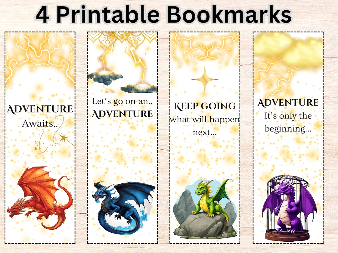 Four Whimsical Colorful Dragon Printable Bookmarks, Magical Lightening ...