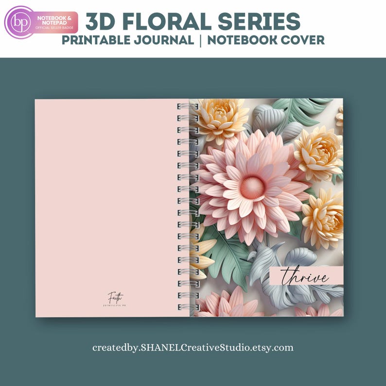 Printable 3D Floral Journal Notebook Cover Flower Design Digital ...