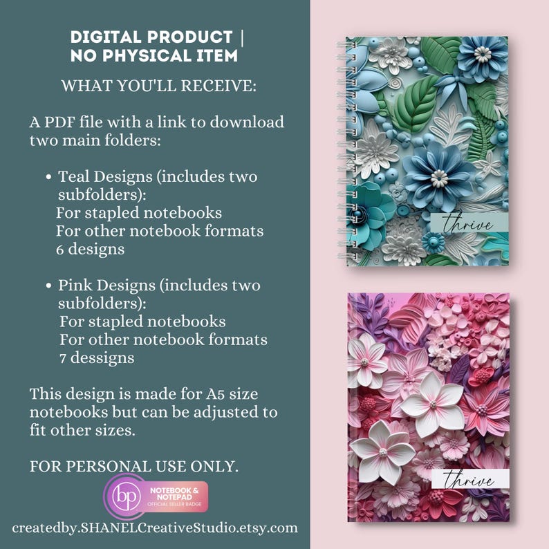 Printable 3D Floral Journal Notebook Cover Flower Design Digital ...