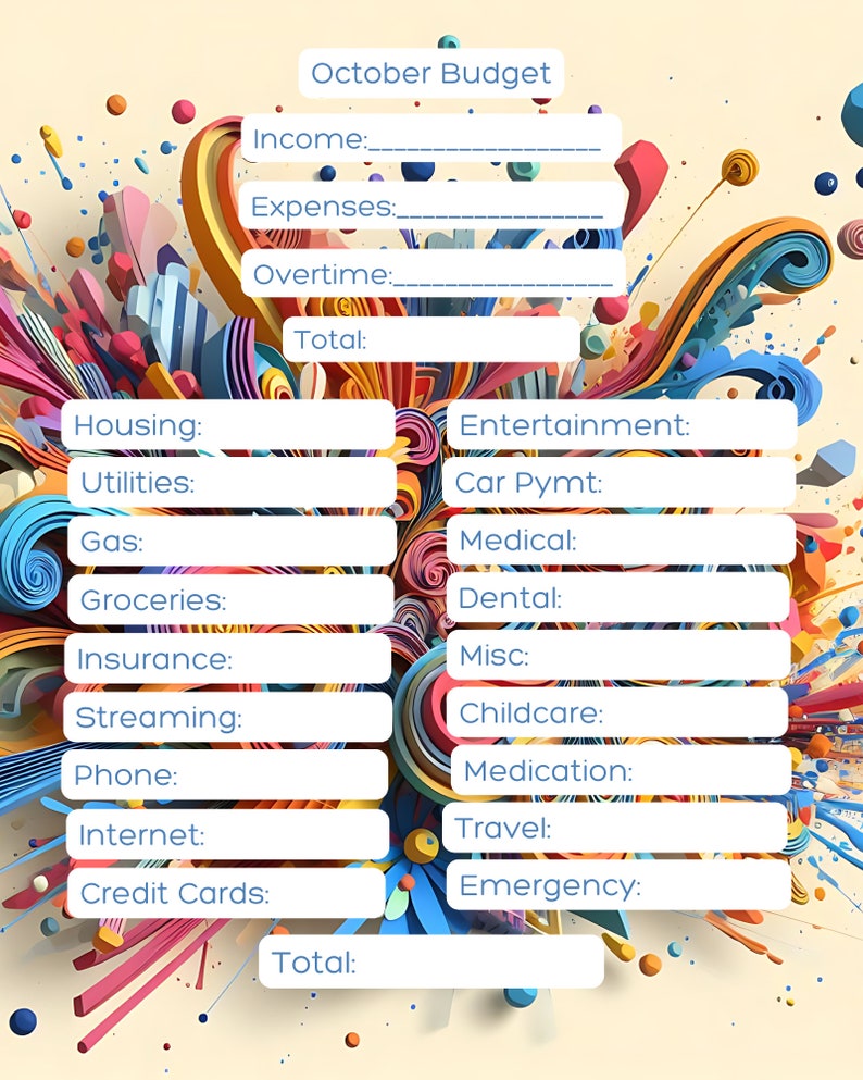 Colorful Abstract Printable Monthly Budget Planner Spreadsheet PDF and ...