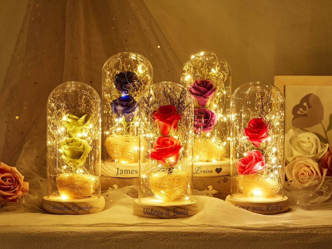 Personalized Rose LED Light With Name,eternal Rose in Glass Dome,rose ...