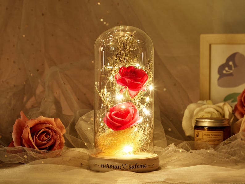 Personalized Rose LED Light With Name,eternal Rose in Glass Dome,rose ...