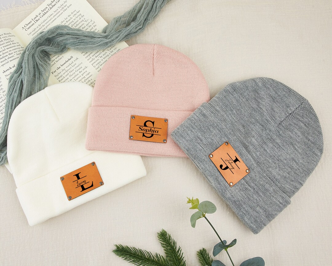 Personalized Baby Beanie With Name, Baby Shower Gift, Leather Patch ...
