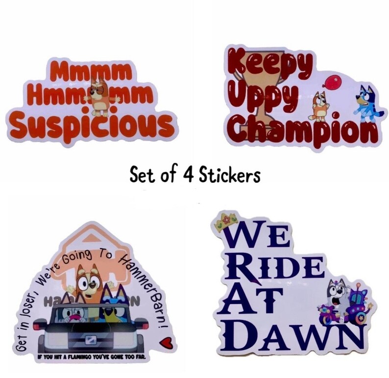 Bluey Sticker Set of 4, Funny Decals, Bingo Muffin Heeler Stickers ...