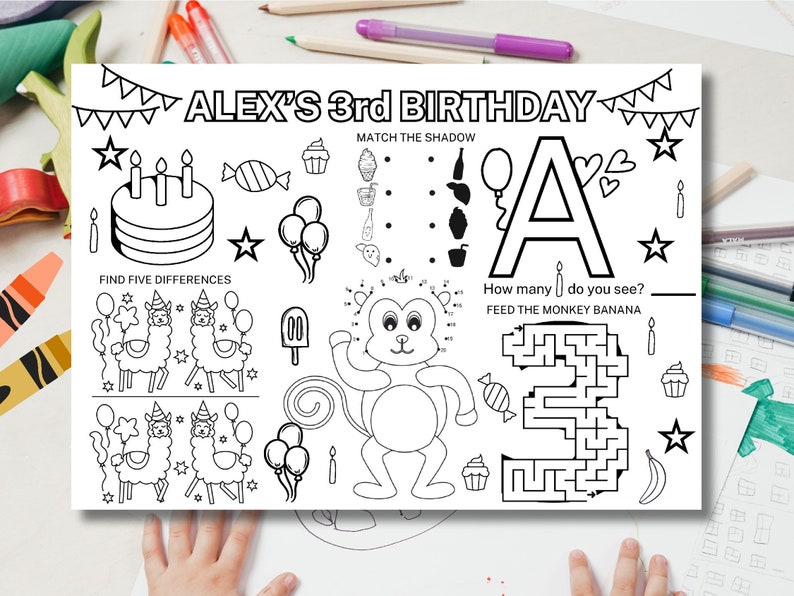Custom Birthday Placemat - Kids’ Party Coloring Activity Sheet ...