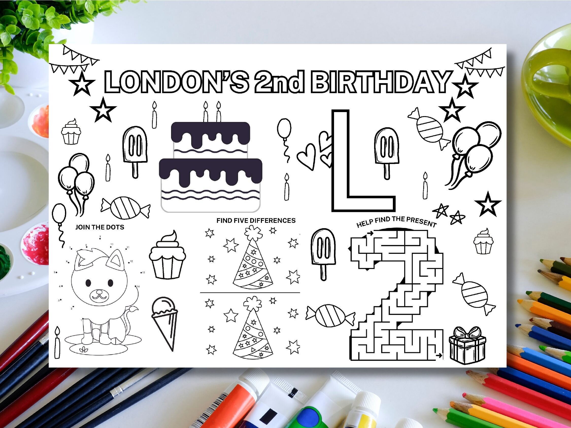 Editable Birthday Party Activity Placemat: Custom Coloring Sheet (PDF ...