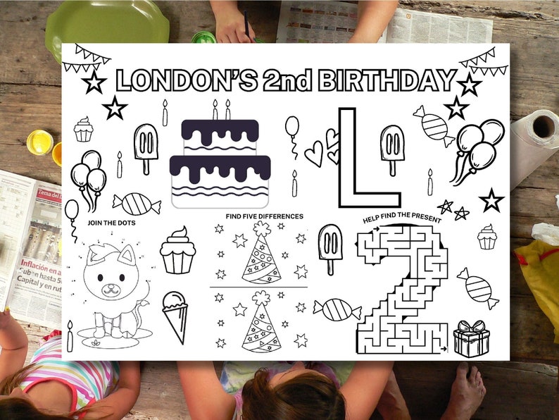 Editable Birthday Party Activity Placemat: Custom Coloring Sheet (PDF ...