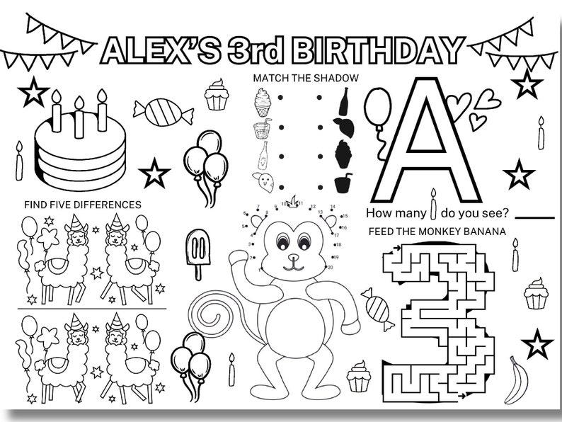 Custom Birthday Placemat - Kids’ Party Coloring Activity Sheet ...