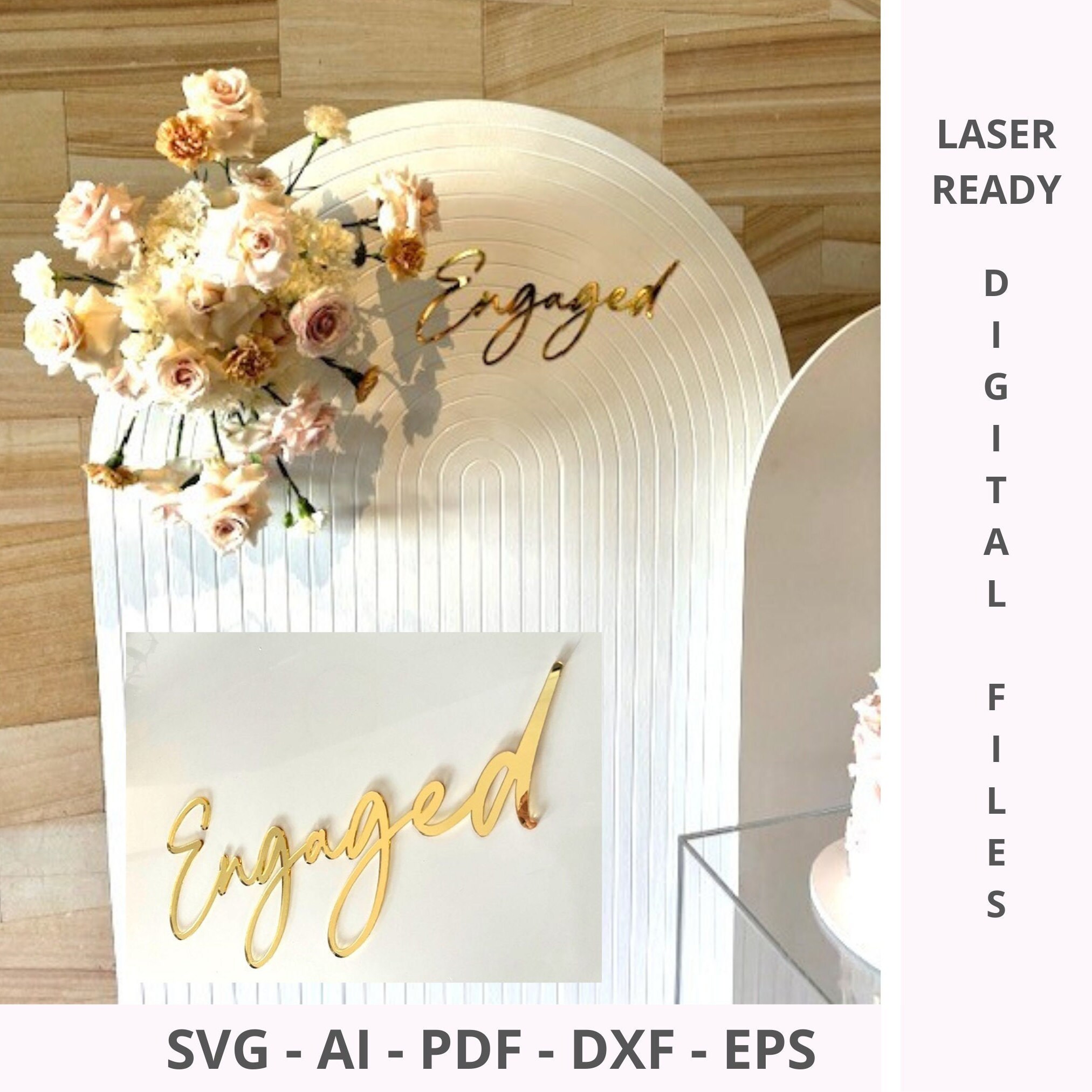 Engaged Sign 45cm Script Word SVG | Gold Mirror Engagement Party Sign ...