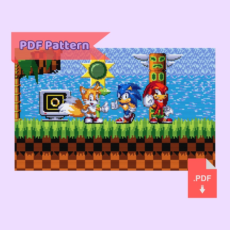 Sonic Team Diorama 1 Sonic the Hedgehog Cross Stitch Pattern Cute LARGE Beginner Cross Stitch ...